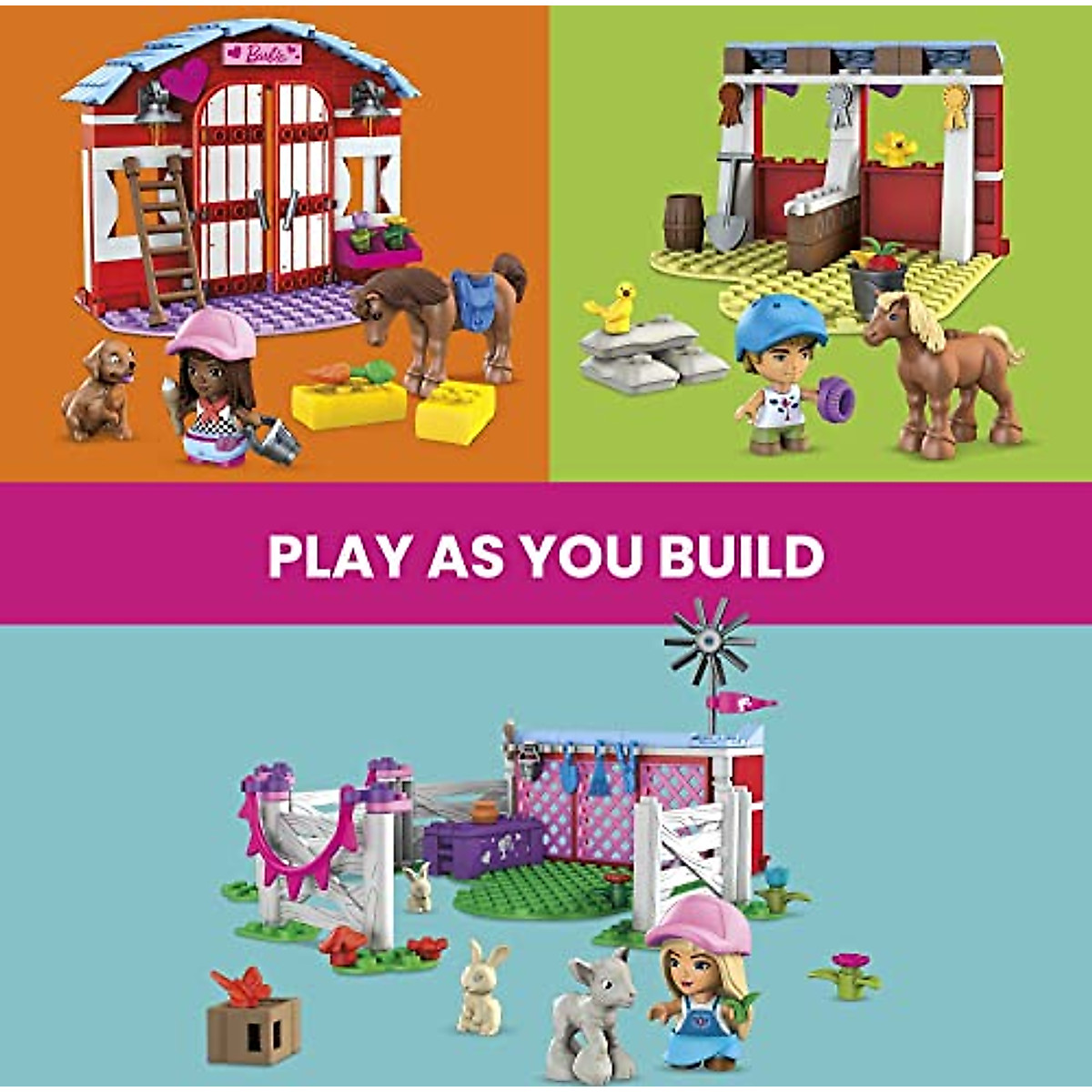 Mega Barbie Pets Horse Toy Building Set with 3 Micro-Dolls and Accessories, 9 Pets, Easy-to-Build Horse Stables Playset,