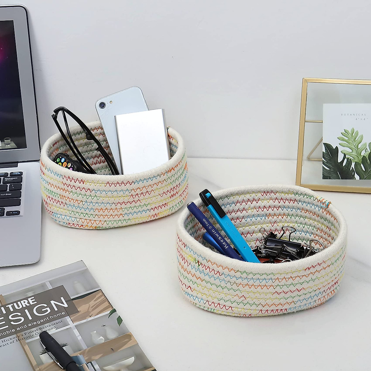 【2 Pack】ABenkle Small Woven Baskets, Tiny Oval Shallow Storage Baskets, Mini Cotton Rope Empty Decorative Basket, Boho Little Organizer Bins for Bathroom, Cat Dog Toy Gifts Baskets