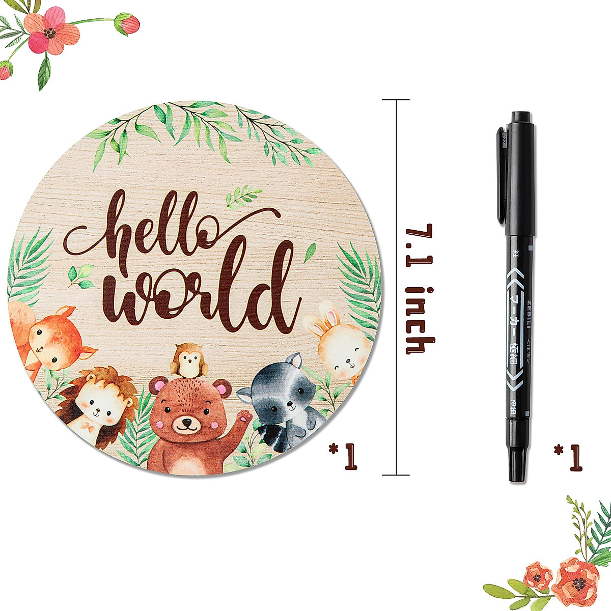 R HORSE Baby Birth Announcement Sign with Marker Pen Double-sided Cartoon Animal Pattern Newborn Announcement Sign Personalized Wooden Baby Birth Sign for Christmas Baby Shower Birthday Gift Keepsakes