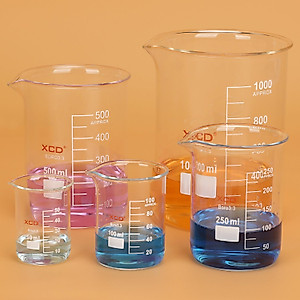 XCD Borosilicate Glass Beaker Set, Combo Pack Graduated Low Form Griffin Beakers in 5 Sizes (50ml, 100ml, 250ml, 500ml, 1000ml)
