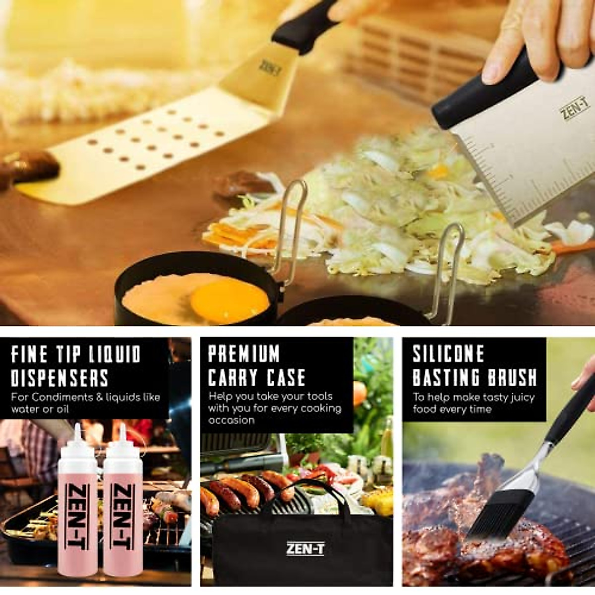 Zen-T - 14 Piece Grill Griddle Tool Kit - Griddle Accessories for Blackstone - Professional Grade Stainless Steel BBQ Tools - Perfect Grilling Utensils for All Your Grilling Needs + Bonus Recipe Ebook