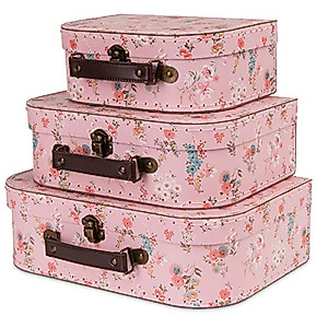 Jewelkeeper Paperboard Suitcases, Set of 3 - Vintage Decorative Storage Box, Luggage Decor Storage, Vintage Decor for Birthdays and Weddings, Pink Floral Design