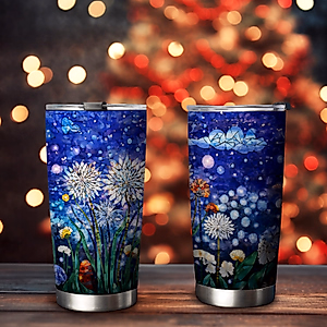 ORCAE 20oz Beautiful Colorful Daisy Flower, Stained Glass Style Flowers, Colorful Dandelion Flower Tumbler Cup, Insulated Travel Mug with Lid, Coffee Thermos for Men, Women, Gifts for Women - AC