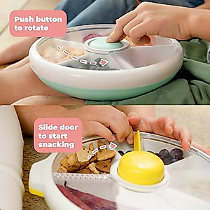 GoBe Kids Large Snack Spinner Bundle with Hand Strap and Sticker Sheet - Reusable Snack Container with 4 Compartment Dispenser & Sliding Door | BPA and PVC Free | Dishwasher Safe | No Spill, Leakproof
