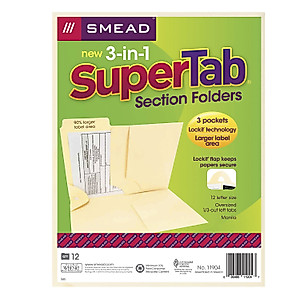 Smead 3-in-1 SuperTab Section Folder, Oversized 1/3-cut Tab, Letter Size, Manila, 12 Per Pack (11904)