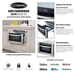 COSMO COS-12MWDSS 24 in. Built-in Microwave Drawer with Automatic Presets, Touch Controls, Defrosting Rack and 1.2 cu. ft. Capacity in Stainless Steel