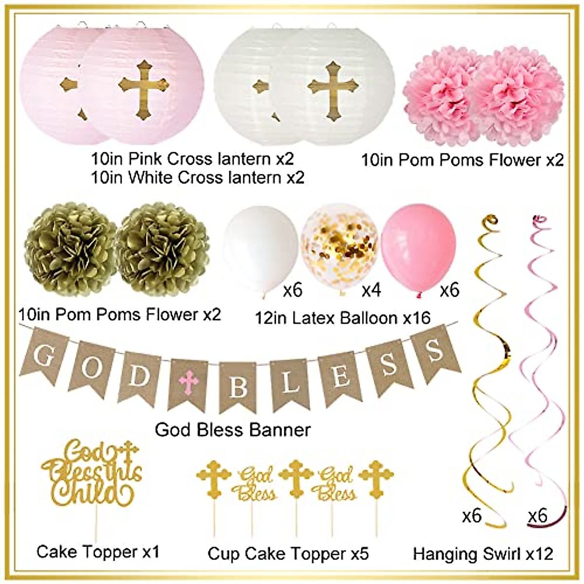 Baptism Decorations for Girls, First Communion Decorations, Christening Decor 1st Holy Communion Party Supplies God Bless Banner Pink Party