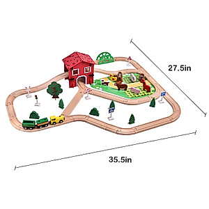 FUN LITTLE TOYS 77PCS Wooden Train Set Toy Train for Boys & Girls with Wood Train Track Fits Major Brand, Wooden Farm Play Set for Kids Wooden Toys