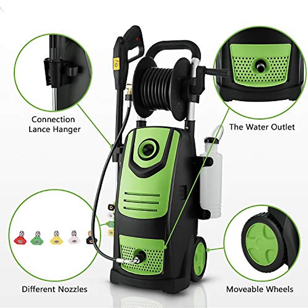 Electric Pressure Washer Suyncll Power Washer 1800W High Pressure Washer, Professional Washer Cleaner with 5 Interchangeable Nozzle & Hose Reel, Best for Cleaning Patio, Garden,Yard Green