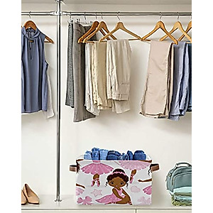 Storage Basket Pink Ballet Girl Storage Bin with Handles, Cute Princess Africa American Dancer Collapsible Organizer Storage Cubes Bins for Closet, Laundry Clothes, Bathroom, Nursery Toys