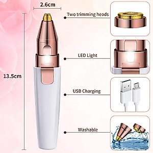 Aeruki 2 in 1 Eyebrow Trimmer & Facial Hair Removal for Women, Rechargeable 100% Painless Hair Remover Eyebrow Razor Hair Shaver for Eyebrow Nose Lips Face Armpit Body with Built-in LED Light