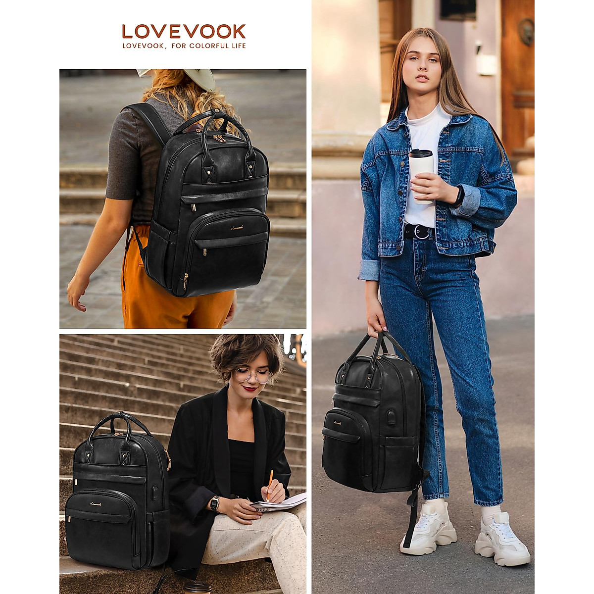 LOVEVOOK Leather Backpack for Women 15.6 Inch, Vintage Laptop Backpack with USB, Spacious Work Backpack Fits Business Office Travel College Black
