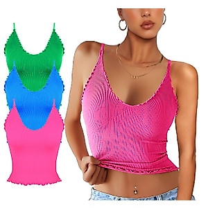 CHYRII Womens 3 Pack Ruffled V Neck Cropped Tops Workout Basic Ribbed Camisole Tank Tops Hot Pink + Green + Indigo Blue M