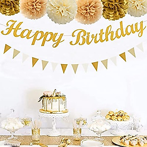 White-Gold Champagne Birthday Party Decorations - 27pcs Tissue Pom Poms Streamers,Christmas Tassel Garland,1st,2nd,10th,13th,18th,25st,30th,40th,50th Neutral Happy Birthday Banner Decor Panduola