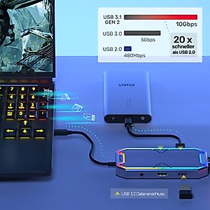 Unitek D1029A - uHUB S7+ 7-in-1 USB-C Hub with 10Gbps Data, HDMI and PD 100W / HDMI 2.0, USB 3.2 Gen 2 / Active/USB-C / 2X USB-A Port / 2X USB-C Port/Mini Jack 3.5 mm/RGB LED Lights