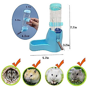 Small Animal Water Bottles 2 in 1 Free Standing Bottle with Stand and Food Bowl Cage Hanging Water Dispenser Suitable for Hamsters Bunny and other Small Pets Rodents (125ml/4.2oz, Blue)