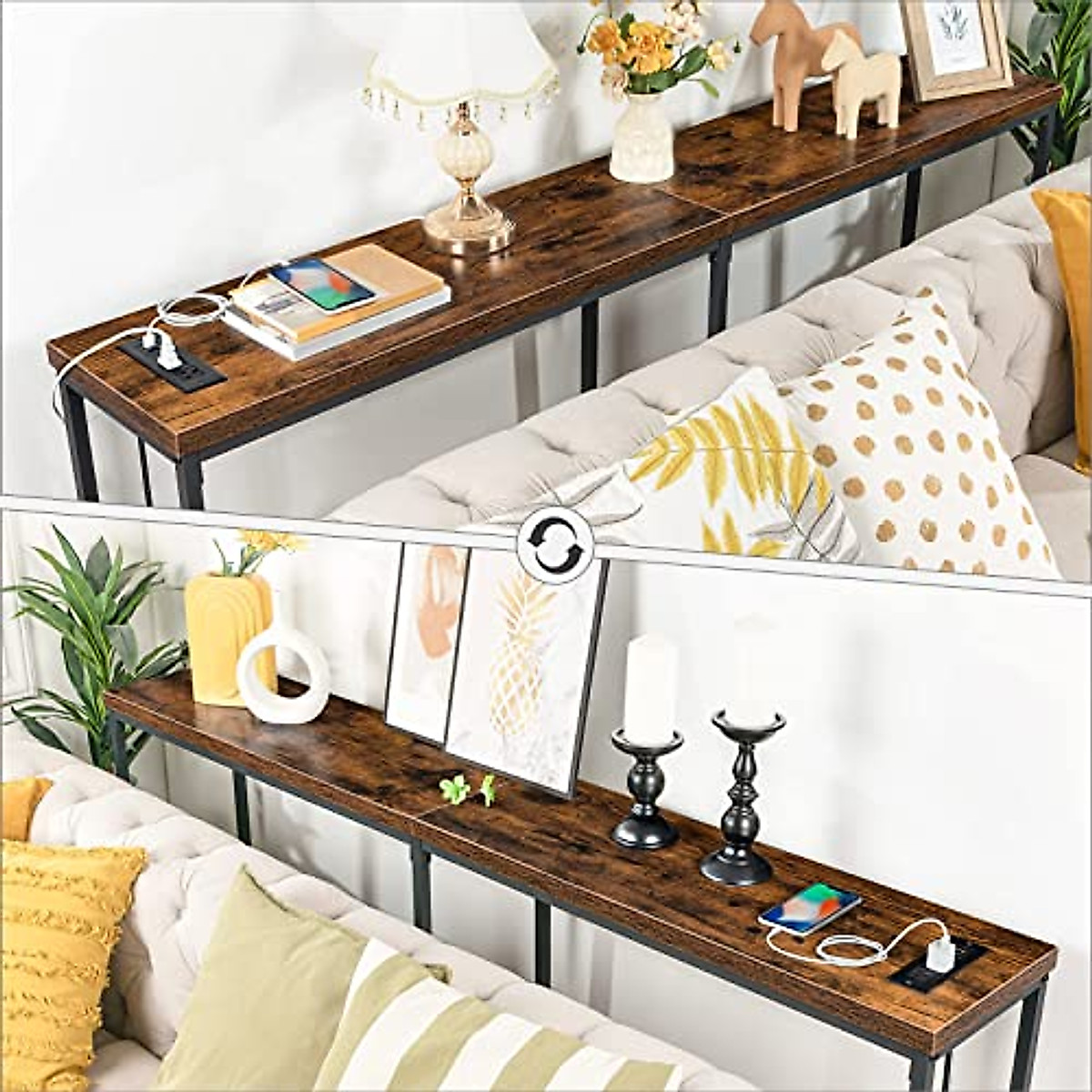 HOOBRO 70.9 Inches Console Table with 2 Power Outlets and 2 USB Ports, Extra Long Entryway Table with Charging Station, Narrow Sofa Table Behind Couch, Hallway, Living Room, Rustic Brown BF1801XG01G1