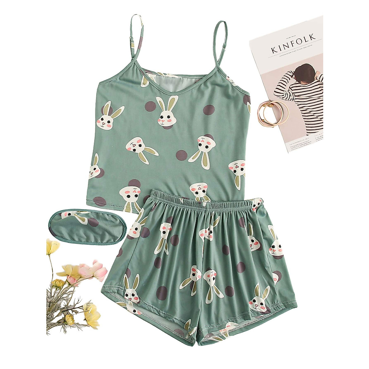 SheIn Women's Cute Cartoon Print Cami Top and Shorts Pajama Set with Eye Mask Green Rabbit Medium