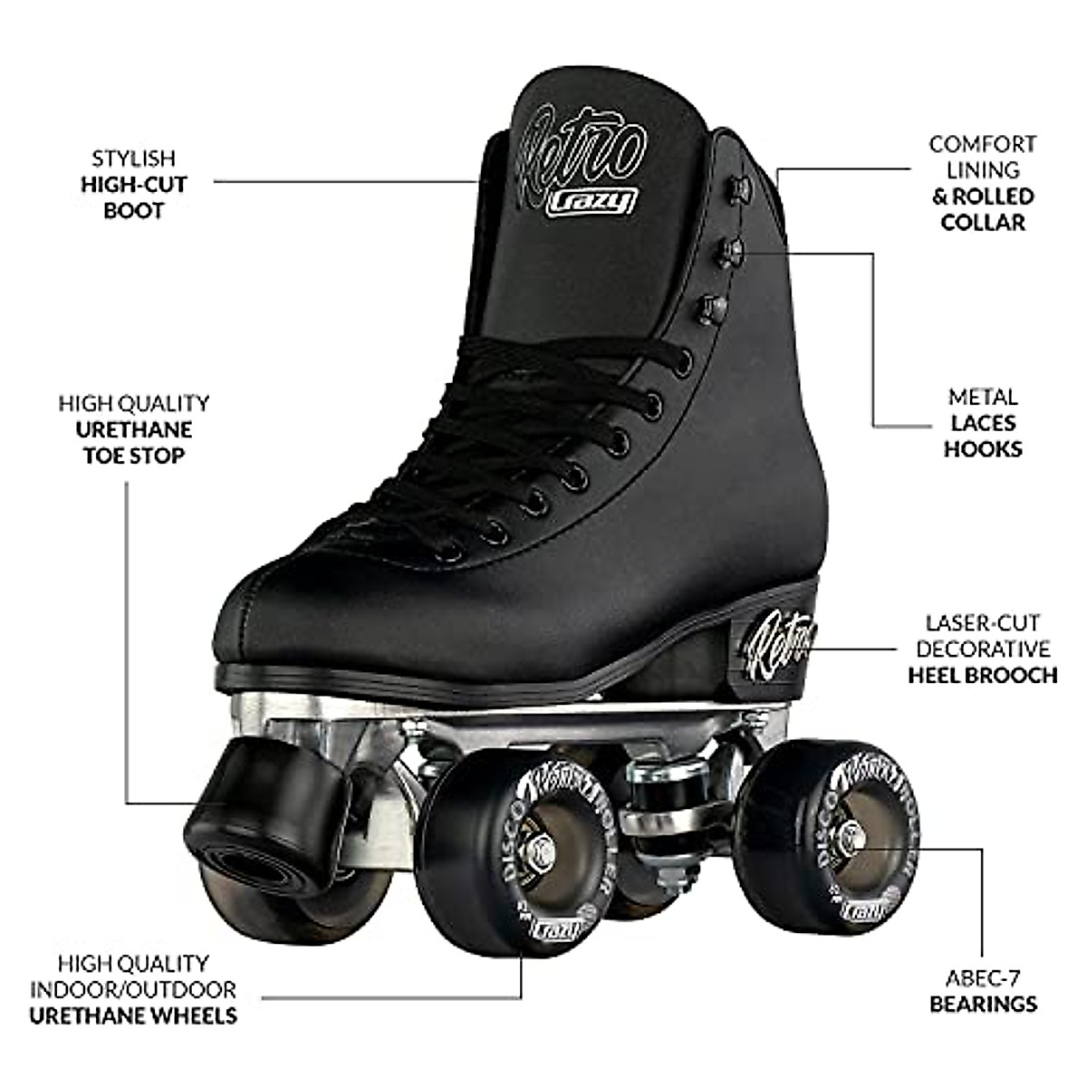 Crazy Skates Retro Roller Skates | Adjustable or Fixed Sizes | Classic Quad Skates for Women and Girls - Black (Size: Mens 12 / Womens 13)