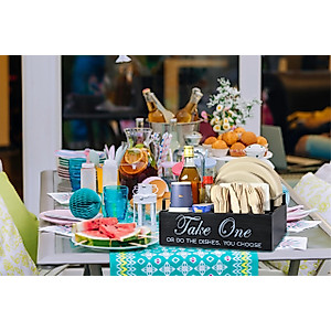 Rehuei Paper Plate Holder Utensil Caddy Organizer - Rustic Wood Disposable Plate Dispenser with Handles for Cups, Forks, Spoons, Napkins and Silverware Holders (handle paper plate holder)