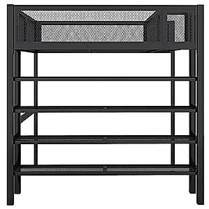 Loft Bed Multifunctionl Bed, Metal Full Size Loft Bed Frame with 4-Tier Open Shelves, Guardrail Side Storage Shelf and Mesh Guardrails, Kids Adults Bedroom Furniture High Loft Storage Bed (Black Bed)