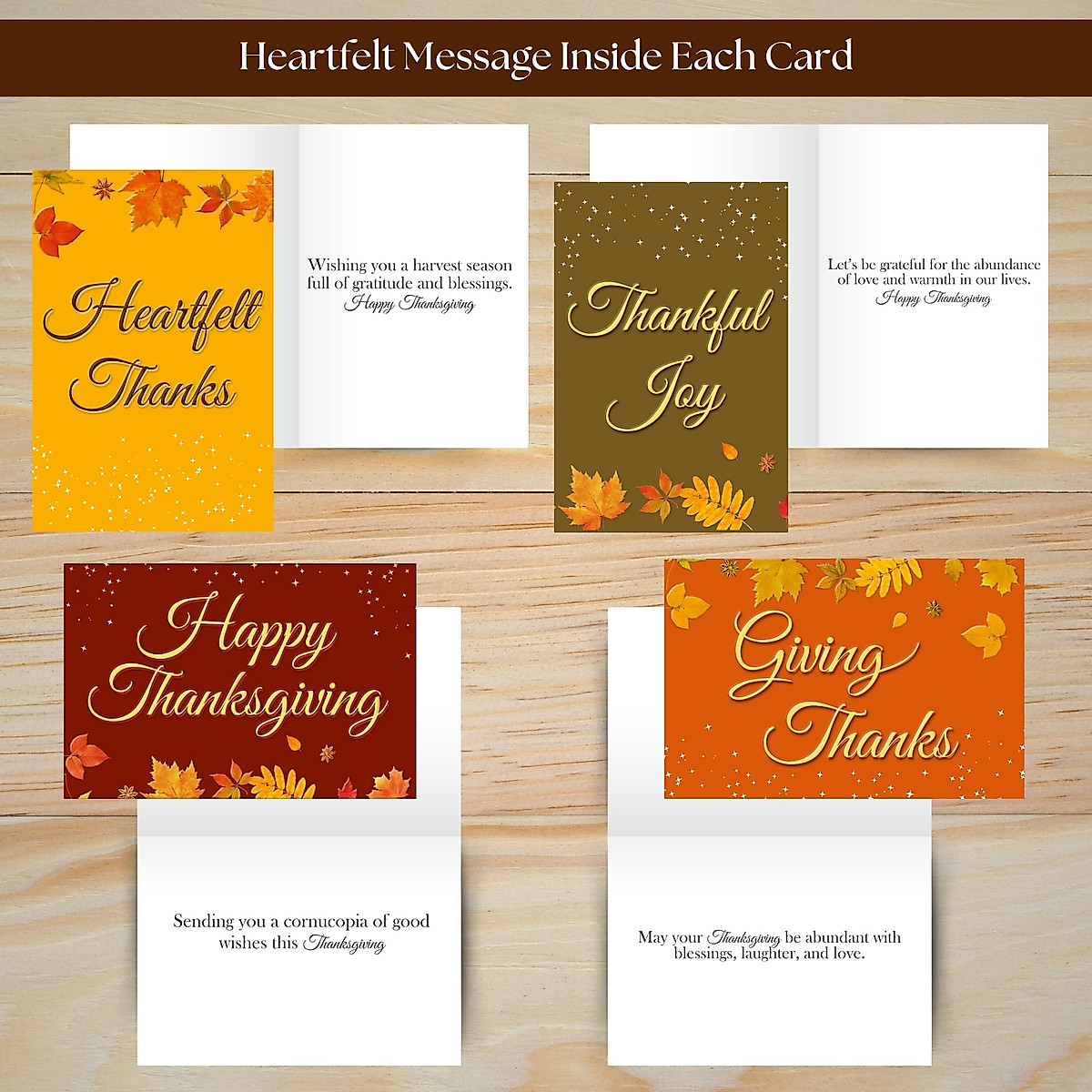 Mie Creations Thanksgiving Cards with Envelopes, 24 Bulk Assorted Fall Harvest Season Greeting Cards UV Spot, 4 Designs, Boxed Set Giving Thanks Gratitude notecards for Family, Friends- 4x6 inches