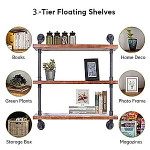 Diwhy Industrial Pipe Shelving Bookshelf Rustic Modern Wood Ladder Storage Shelf 3 Tiers Retro Wall Mount Pipe Design DIY Shelving (Black, L 36")