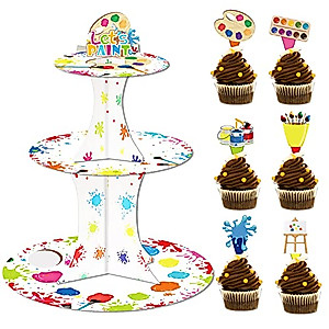 Art Painting Cupcake Stand with 24pcs Cupcake Toppers for Art Birthday Party Decorations 3 Tire Paint Party Cupcake Dessert Holder for Artist Birthday Baby Shower Party Decor Supplies