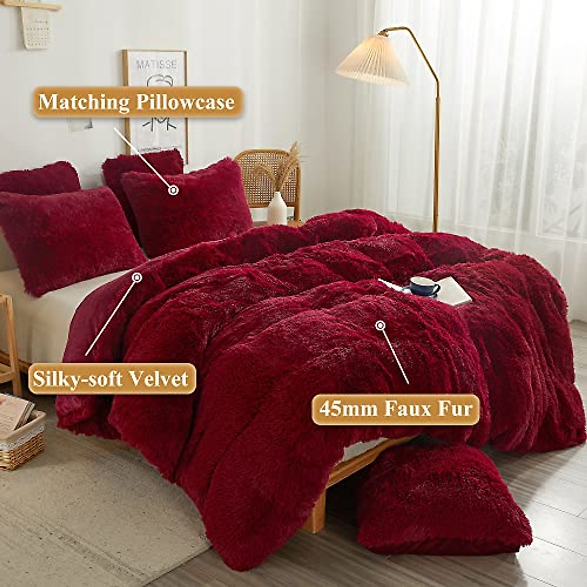 XeGe Plush Shaggy Duvet Cover Set, Luxury Soft Crystal Velvet Fluffy Furry Bedding Sets 3 Pieces(1 Faux Fur Fuzzy Comforter Cover + 2 Faux Fur Throw Pillow Shams), Zipper Closure (Queen, Red)
