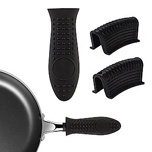 3 pcs Pot Side Handle Sleeve, Frying Pan Handle Covers Holders, Silicone Assist Hot Cookware Skillet Handle Covers Mitts, Cool Kitchen Gadget Anti Scalding Accessories(Black)