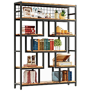 IRONCK Bookshelf and Bookcase 6-Tier 55 in Large Etagere Bookcase, Industrial Open Display Shelves Geometric Bookcase with Sturdy Metal Frame, Vintage Brown