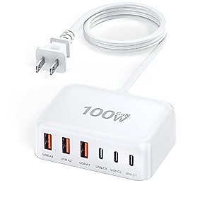 USB C Charger, 100W GaN 6 Port PD USB C and QC USB A Wall Charger Adapter Plug Cube, Super Fast Type C Charging Station Hub for iPhone 14 13 12 Pro Max, iPad, Samsung Galaxy, Pixel, 5ft Extension Cord