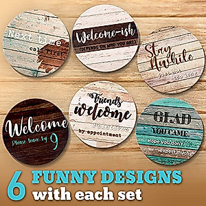 Funny Coasters for Coffee Table - 6 Sarcastic Absorbent Stone Cork Drink Coasters, Farmhouse Bar Coasters for Drinks with Holder, Cool Housewarming Gift, New Home - Cup Coster for Wooden Table