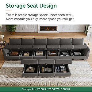 HONBAY Modular Sectional Sofa Set Oversized U Shaped Couch with Storage Ottoman Convertible Sleeper Sectional Sofa Velvet Modular Couch with Wide Chaise, Grey