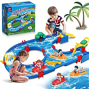 VATOS Water Toy for Kids,39pcs DIY Mini Water Park Building Blocks Toy on Table or Lawn,Beach, Waterway Playset with 2 Boats, for Kids in Summer Outdoor Backyard
