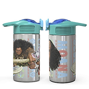 Zak Designs Moana 15.5oz Stainless Steel Kids Water Bottle with Flip-up Straw Spout - BPA Free Durable Design, Moana SS