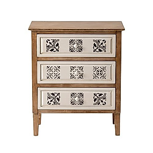 COZAYH Farmhouse 3-Drawer Accent Dresser with Print Front, Distressed Nightstand for Boho, Retro Rustic, French Country Style, Natural White 1-PACK