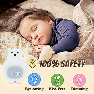 JROSING Bear Night Light, Cute Kids Alarm Clock, Soft BPA-Free Silicone Portable Nursery Lamp, Children USB Rechargeable Nightlight for Girls Boys Toddler Birthday Gifts Bedroom Room Decor