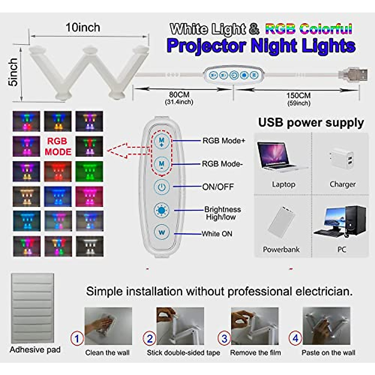 ACNCTOP Night Light Projector,Led Projector Kids Bedroom Lights Wall Sconces RGB and White Lamp Perfect for Aesthetic Room Decor in Your Home