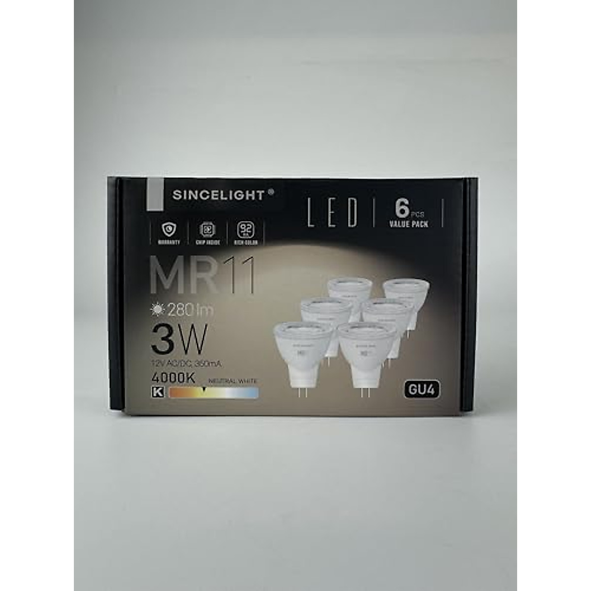 SINCELIGHT 12V MR11 GU4 LED Small Reflector Ø35mm Spot Light Bulb with GU4 Base, 3W, 280 Lumens, 25W Halogen Equivalent, 4000K (Neutral White) High Color Rending RA≈92, 35°Beam Angle, Pack of 6