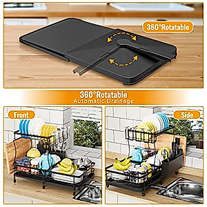 YKLSLH Expandable Dish Drying Rack , 2 Tier Large Drying Rack for Kitchen Counter with Drainboard, Glass Holder, Utensil Holder-Dish Drainers (Black)