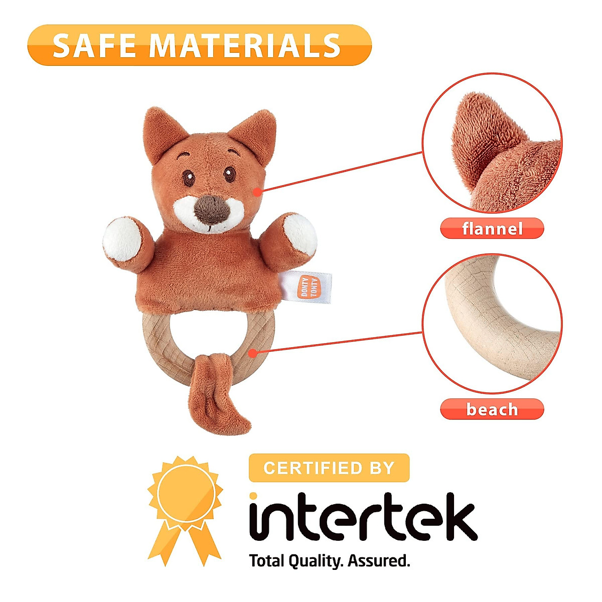 Donty-Tonty Premium Wood Baby Teether Rattle Toy Easter Baby Gift - Animals Soft Plush Shaker Toy with Natural Wooden Teething Ring Toddler, Newborn Boy, Girl, Gifts for 0 3 6 9 12 Months - Red Fox