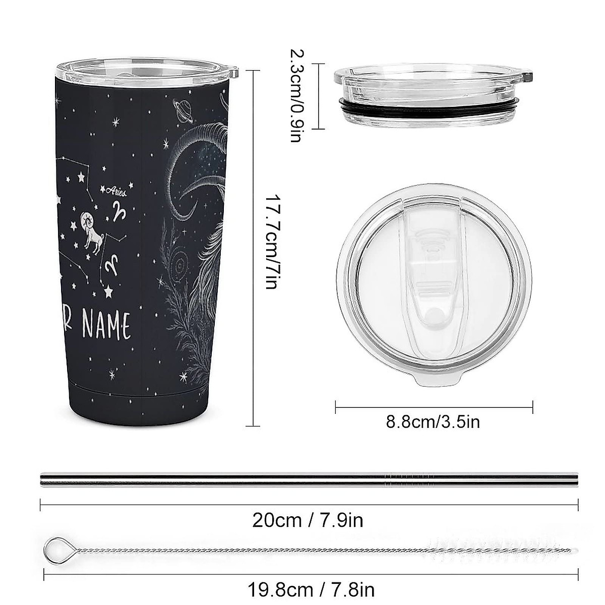 BEOIIBIRD Custom Aries Zodiac Tumbler Gifts, 20oz Glaze Stainless Steel with Lid and Straw Personalized with Text Bottles Insulated Coffee Mug, Beverage Cup for Teen Women Men Office Car Travel
