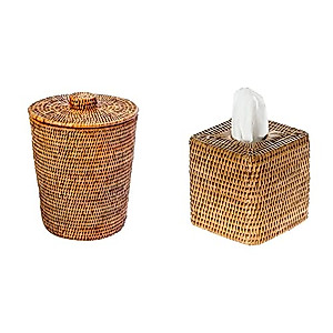 Kouboo La Jolla Rattan Round Waste Basket with Lid & Plastic Insert, 2 Gallon Woven Wastebasket & Home Decor, Honey Brown & 1030055 La Jolla Rattan Square Tissue Box Cover, 5.5" x 5.5" x 5.75"