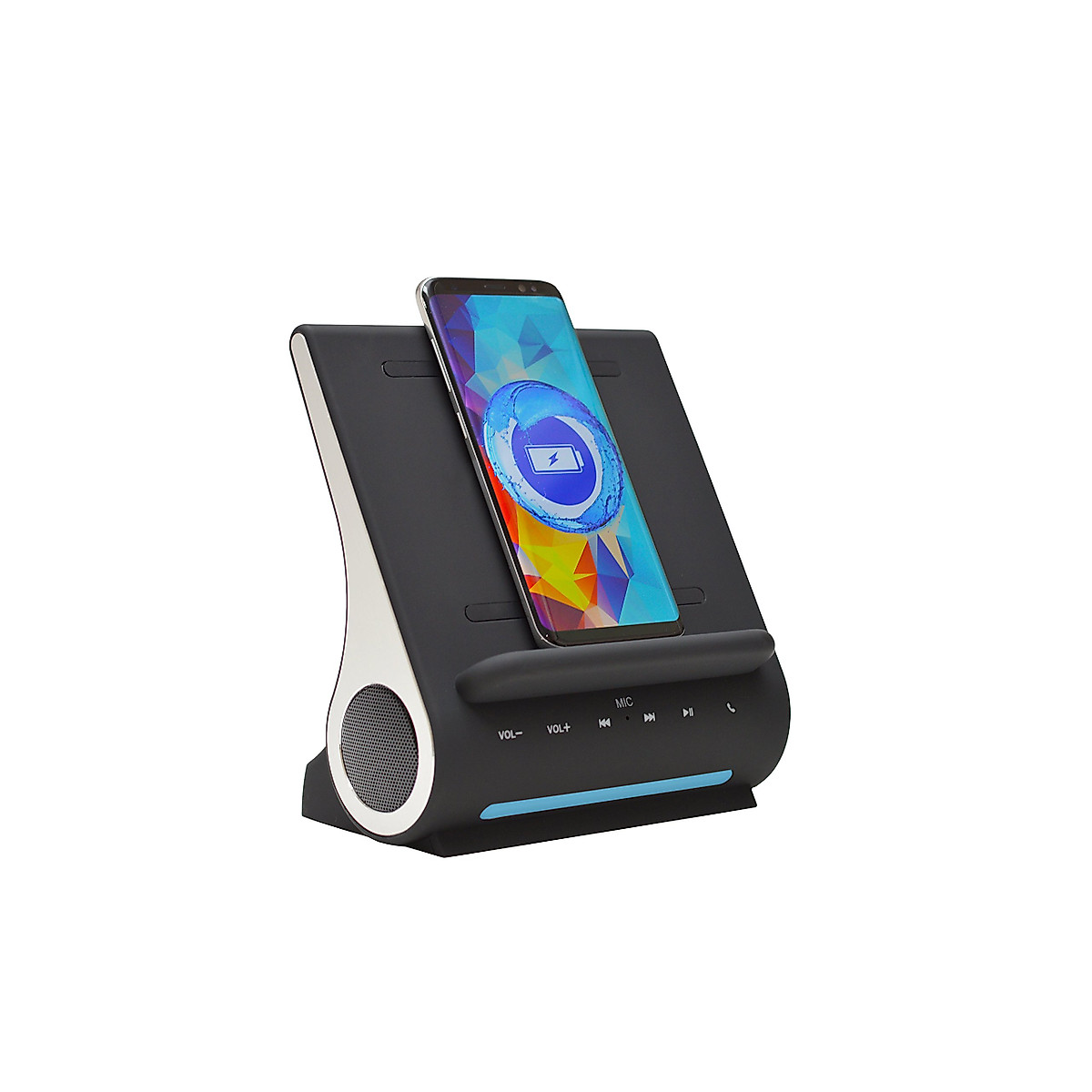 DockAll D108 Wireless Charging Dock Bluetooth Speakers by Azpen. Qi-Certified Wireless Charger for iPhone 15/14/13/12/11/X/8 and Samsung Galaxy S23/S22/S21/S20/S21/S10/S9 - Black