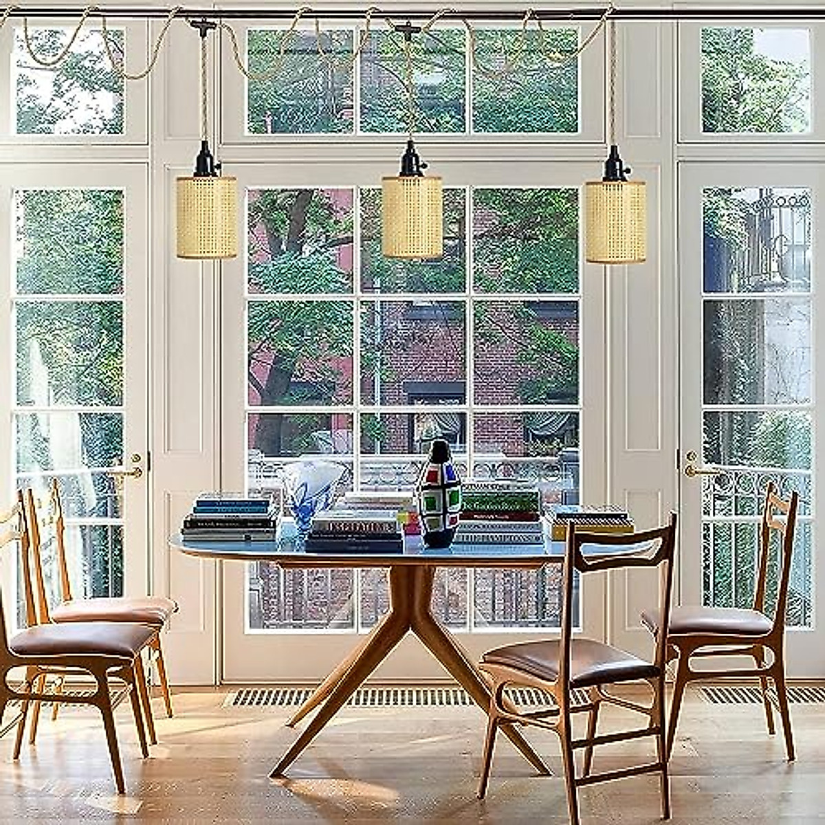 3 Light Plug in Pendant Lights Cord,Hanging Lamp Kit with Dimmable Switch 22 Ft Hemp Rope,Hanging Light with Plug in Cord,Rattan Woven Lampshade, Plug in Ceiling Light for Bedroom Living Room