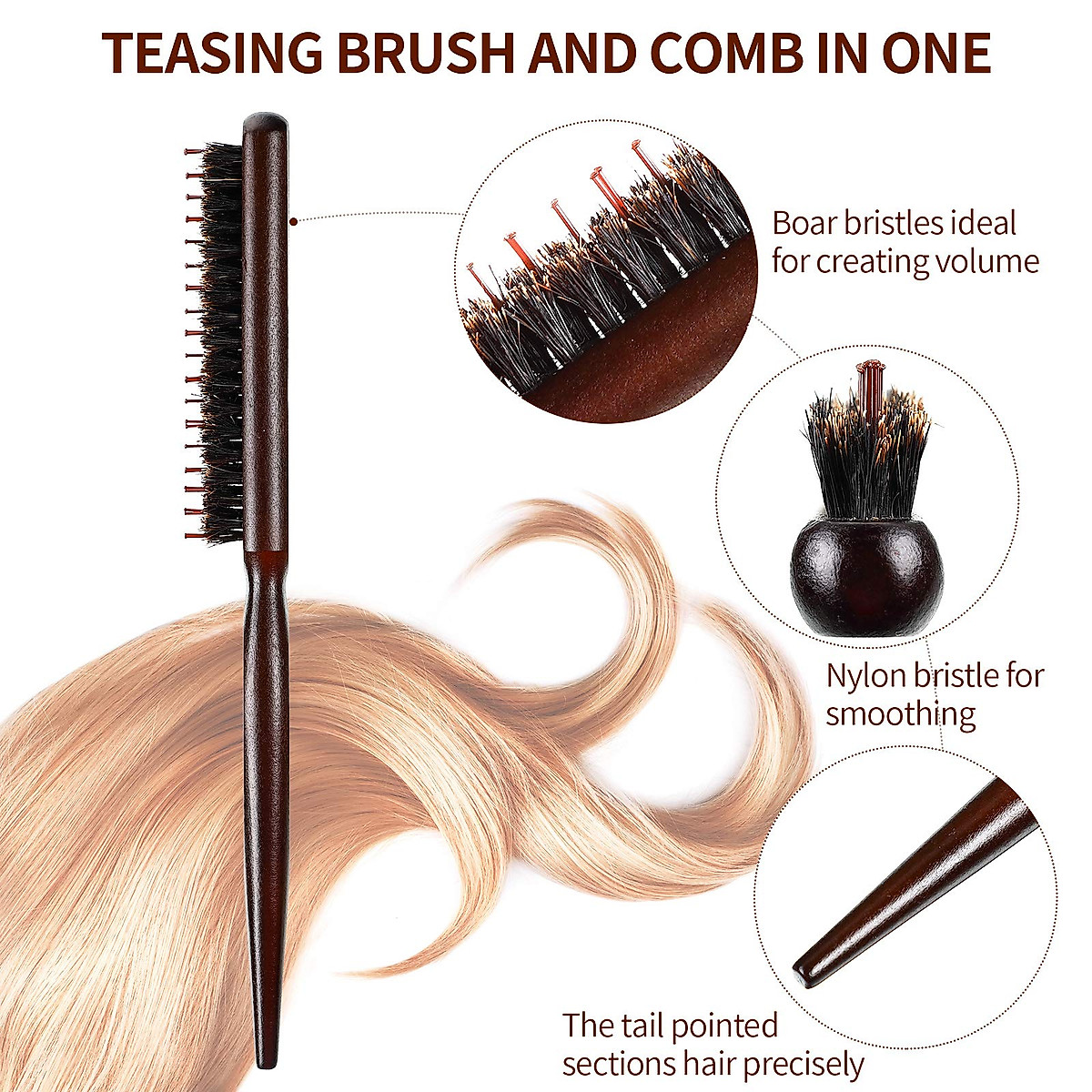 3 Pieces Teasing Comb for Women Include 2 Triple Teasing Comb Rat Tail Combs and Boar Bristle Brushes Comb for Stylist Men Backcombing Slicking Curly Thick Wet Hair