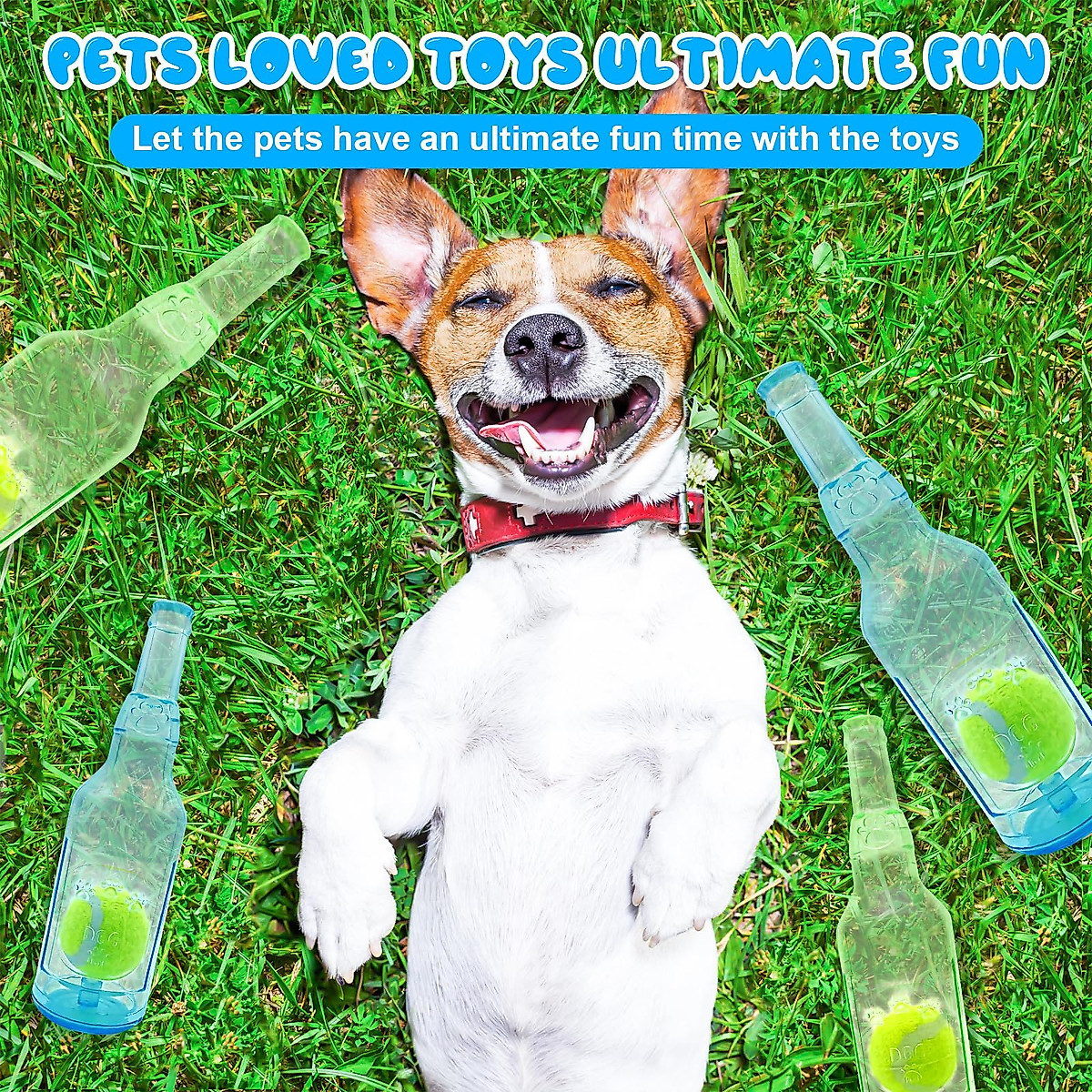 Aerbee 2Pcs Crunchnplay Bottle Toy for Dogs, Interesting Squeaky Dog Toys, 7.7" Rubber Water Bottle Toys with Tennis Ball, Outdoor Interactive Dog Toys Dogs Dental (Blue & Green)