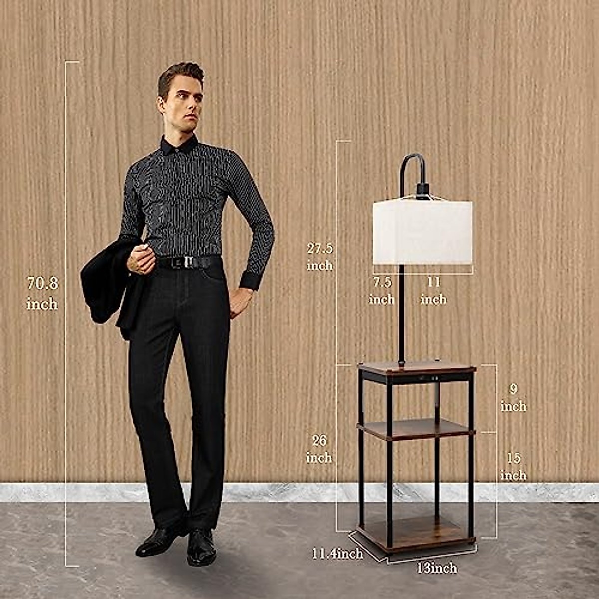 Pazarfami Floor Lamp with Shelves,Bedside Table with Reading Mode & Timer, Illuminated Display Shelves, Three-Tier Storage, Floor Lamp for Living Room with Remote Control USB Ports & Outlets