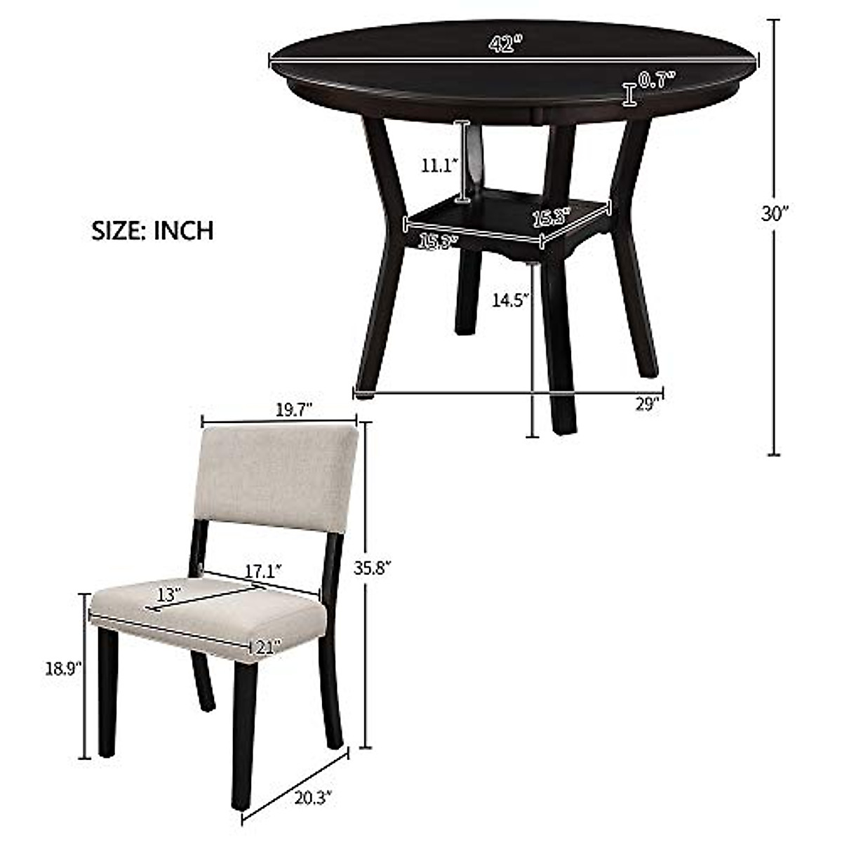 P PURLOVE 5 Pieces Dining Table Set Round Kitchen Table with 4 Upholstered Chairs for Dining Room, Espresso